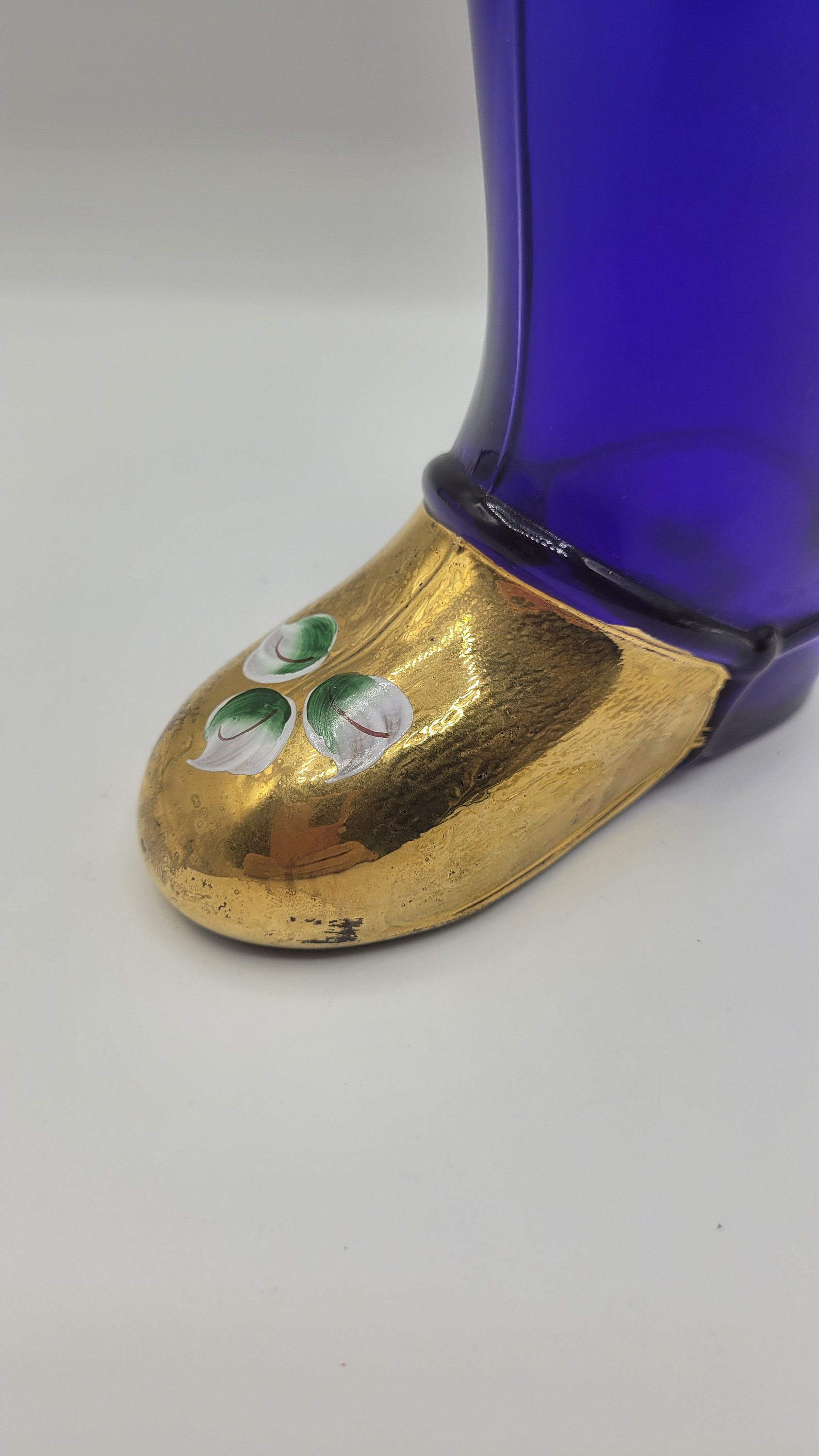 Bohemian Czech Glass Boot Vase Figure Cobalt Blue Gold Hand Painted ...