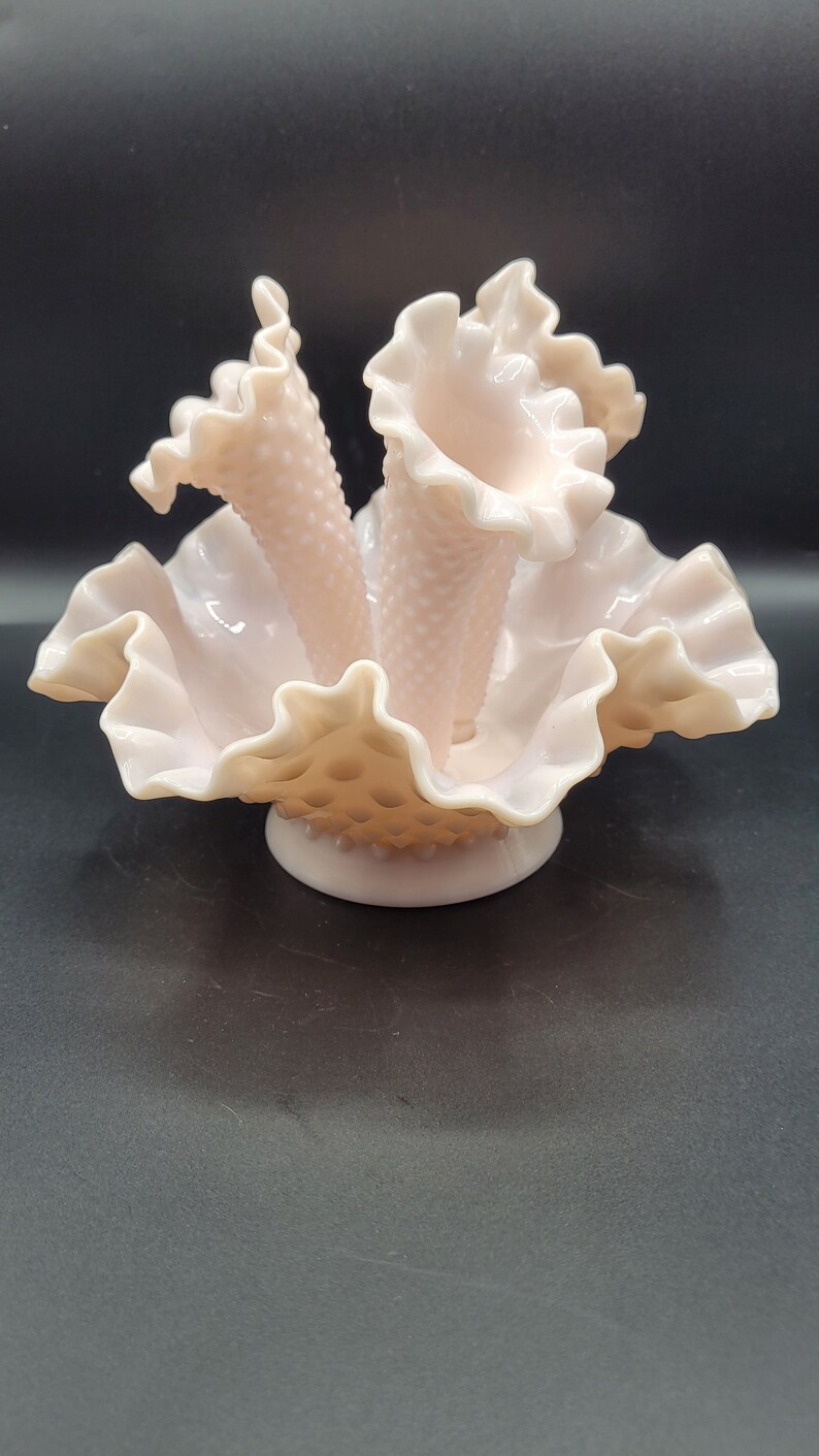 Vintage Fenton Pink Hobnail Milk Glass Epergne Mini 3 Horns Pastel ...