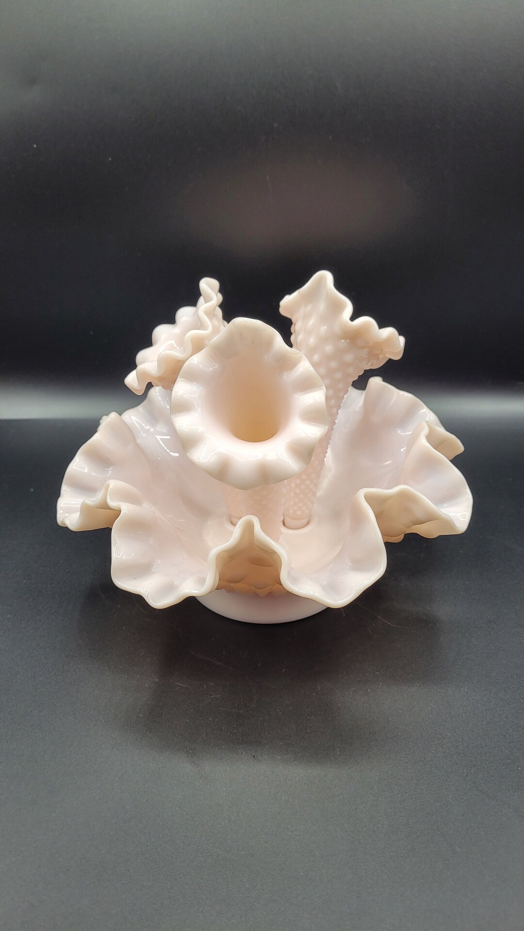 Vintage Fenton Pink Hobnail Milk Glass Epergne Mini 3 Horns Pastel ...