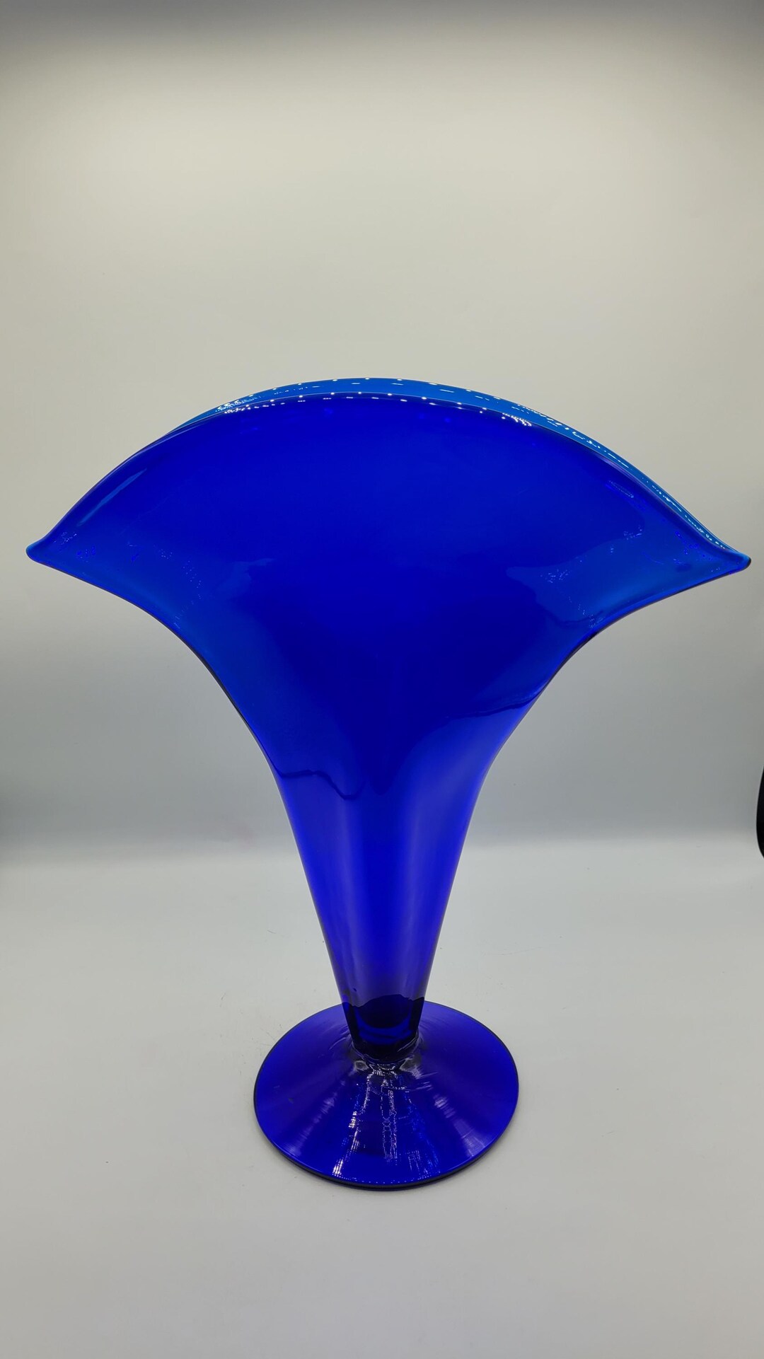 Vintage Blenko Cobalt Blue Glass Fan Vase Flared Round Pedestal Base ...