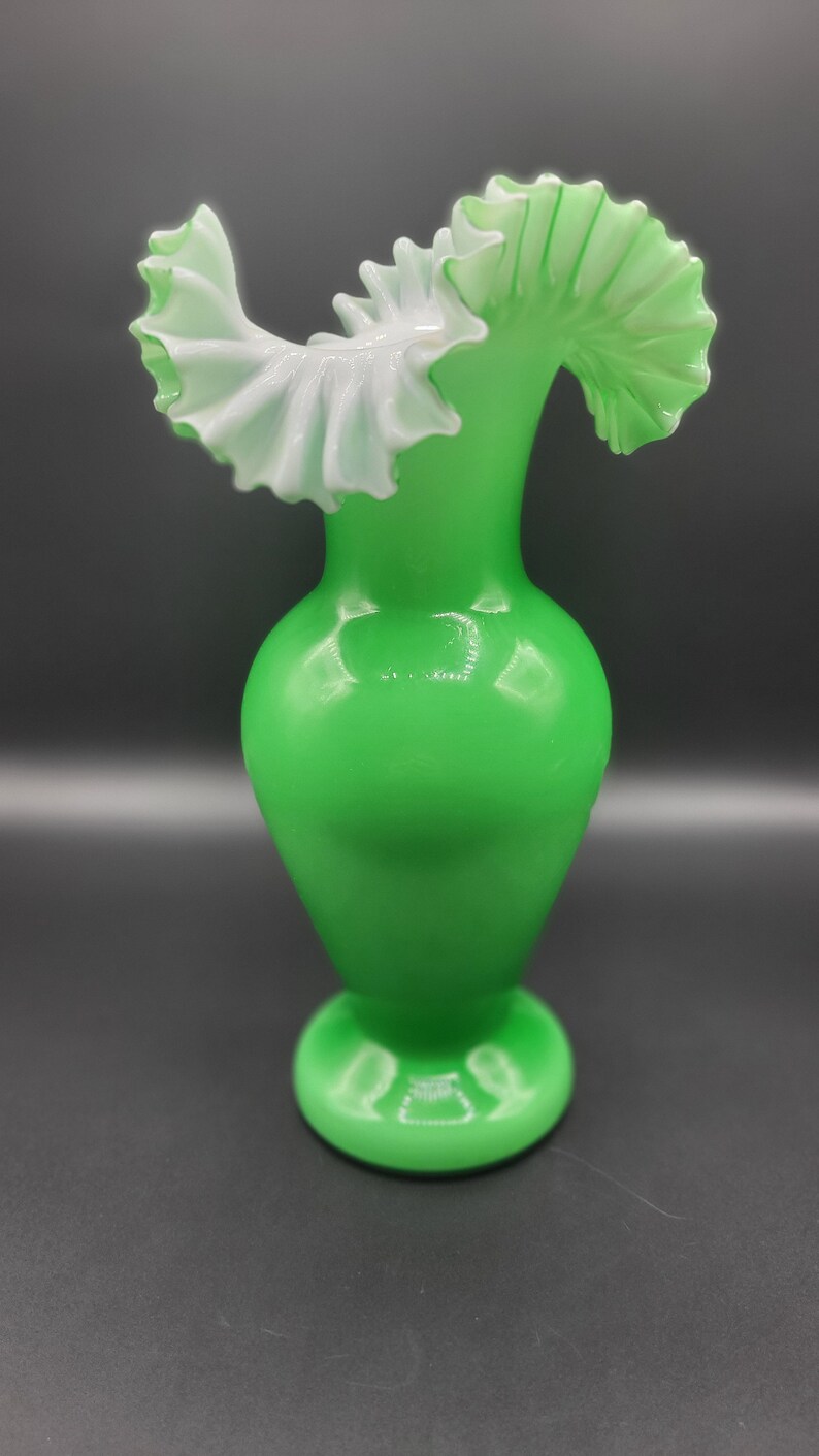 Fenton? Bright Green Art Glass Vase Green Overlay Cased Hand Painted ...
