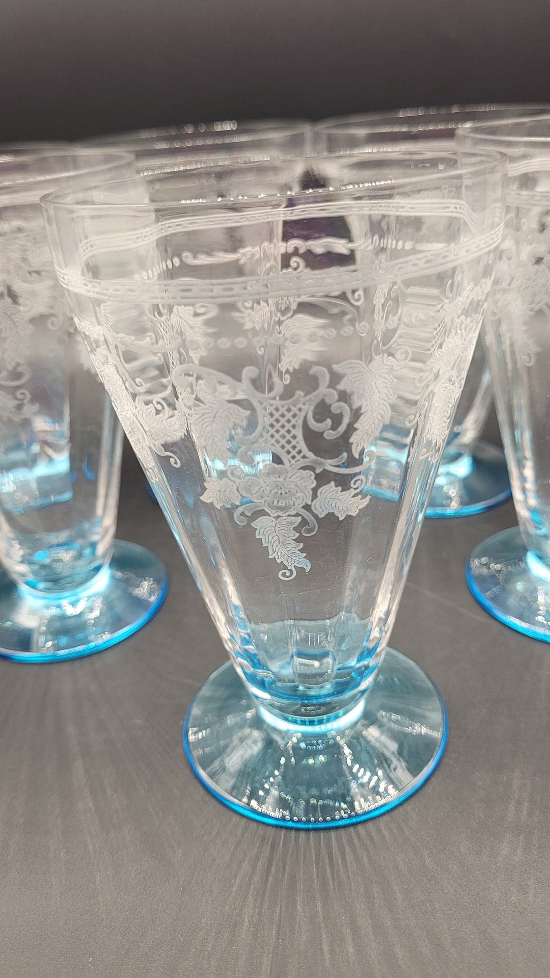 1920's Fostoria Delphian Blue Crystal Etched Iced Tea Glasses Water ...