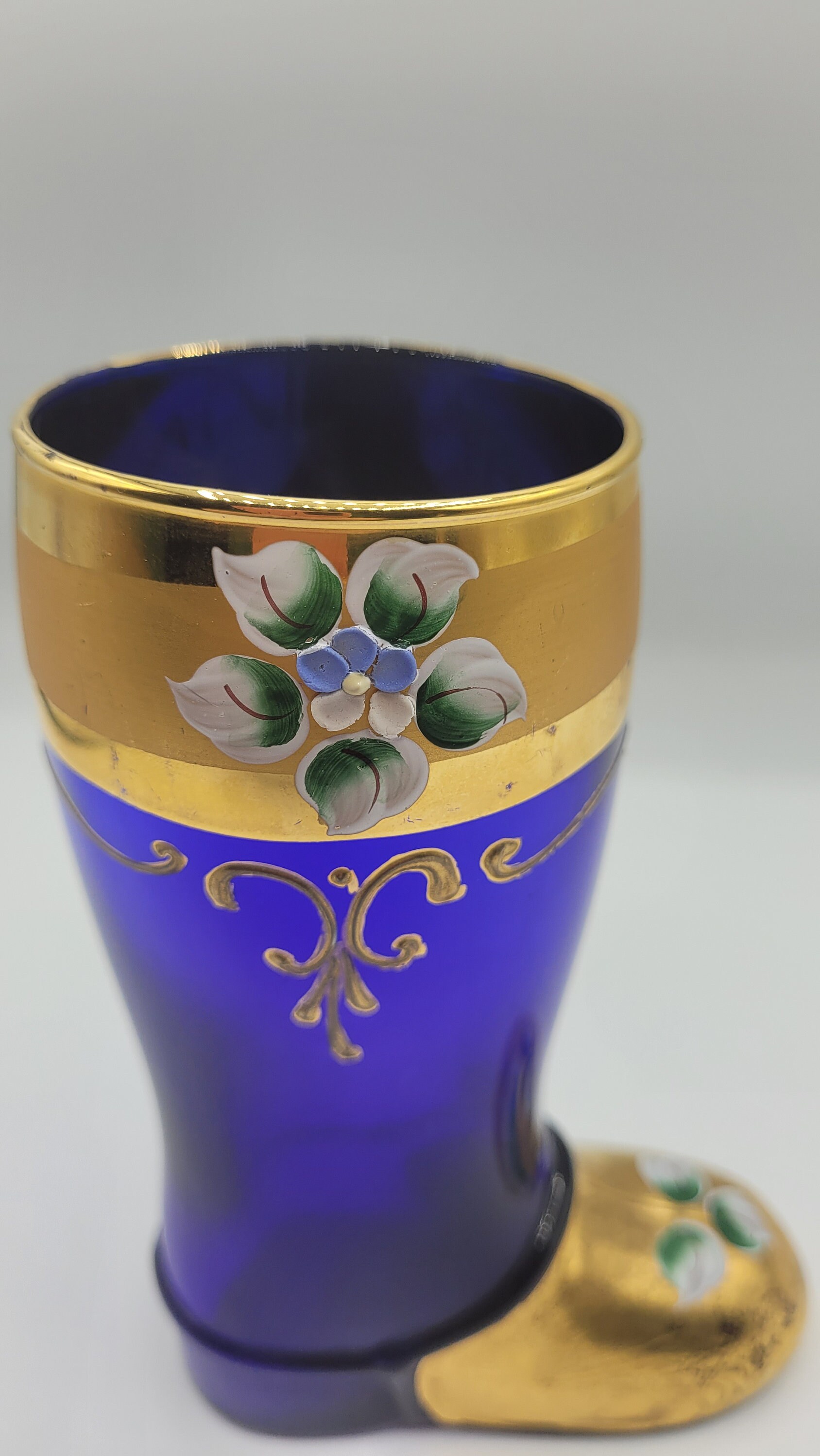 Bohemian Czech Glass Boot Vase Figure Cobalt Blue Gold Hand Painted ...