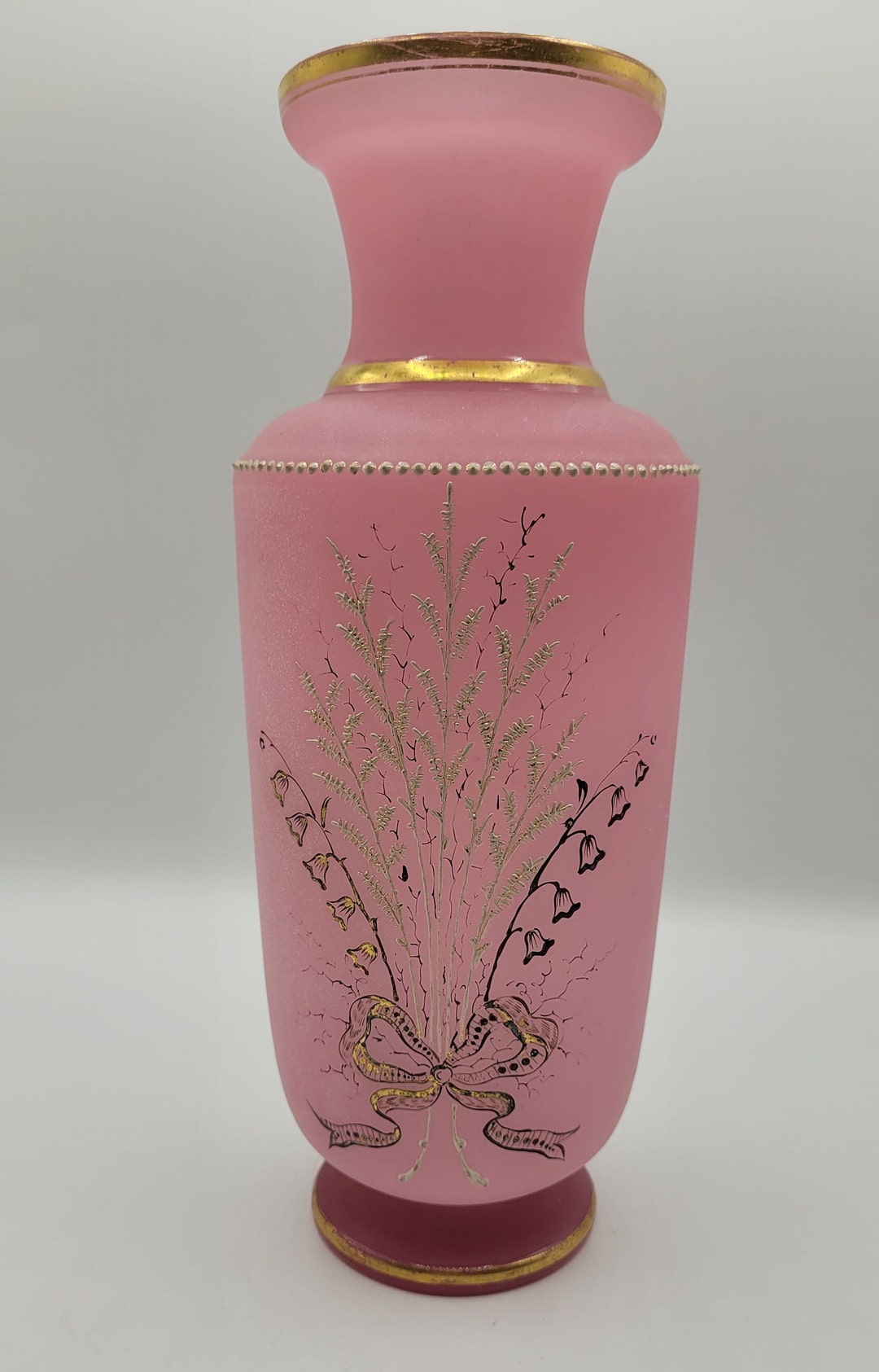 Pink Opaline Satin Finish Glass Vase Hand Painted Enamel Thistle and ...