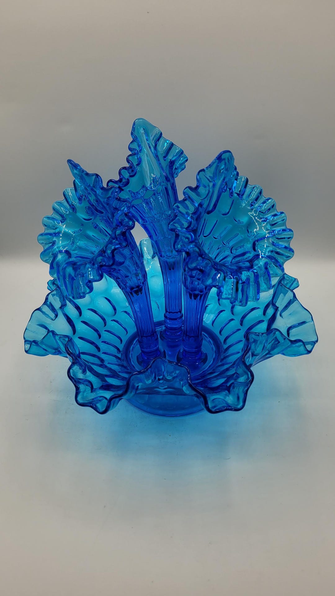 Vintage Fenton Colonial Blue Thumbprint Glass Epergne 1940's Ruffled ...