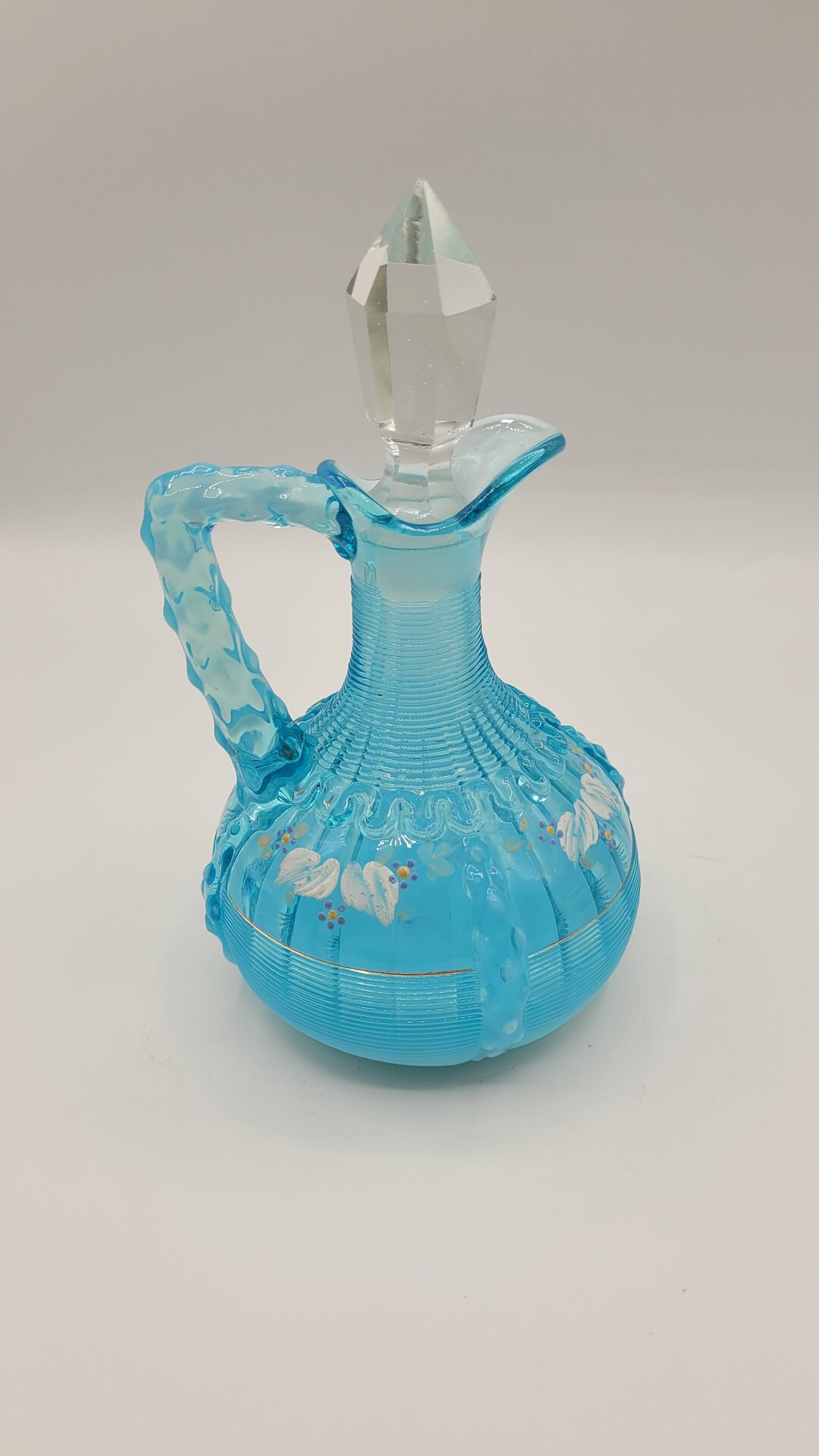 Northwood Blue Glass Cruet Hand Painted Flower Detail Cut Glass Stopper ...