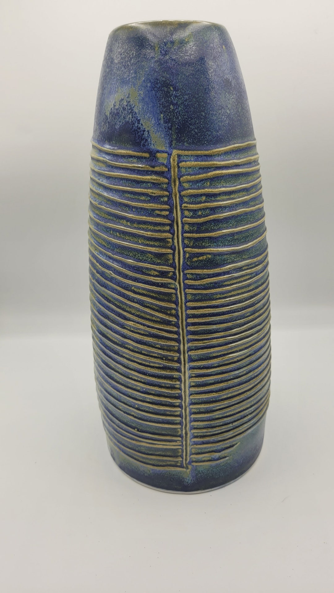 Ceramic Pottery Vase Glazed Blue Green Raised Ridged Design - Etsy