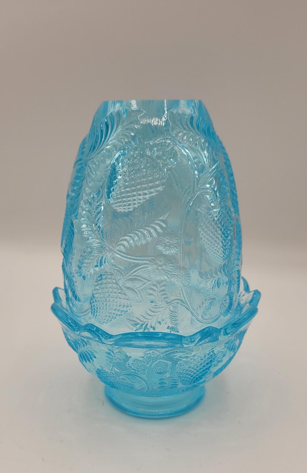 Fenton Inverted Strawberry Pattern Glass Fairy Lamp Light Aqua Blue ...