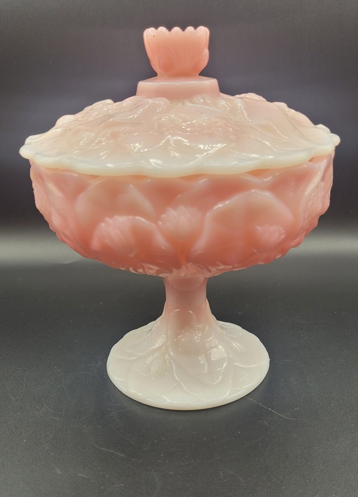 Fenton Pink Rosaline Water Lily Covered Footed Candy Dish Bowl Compote ...
