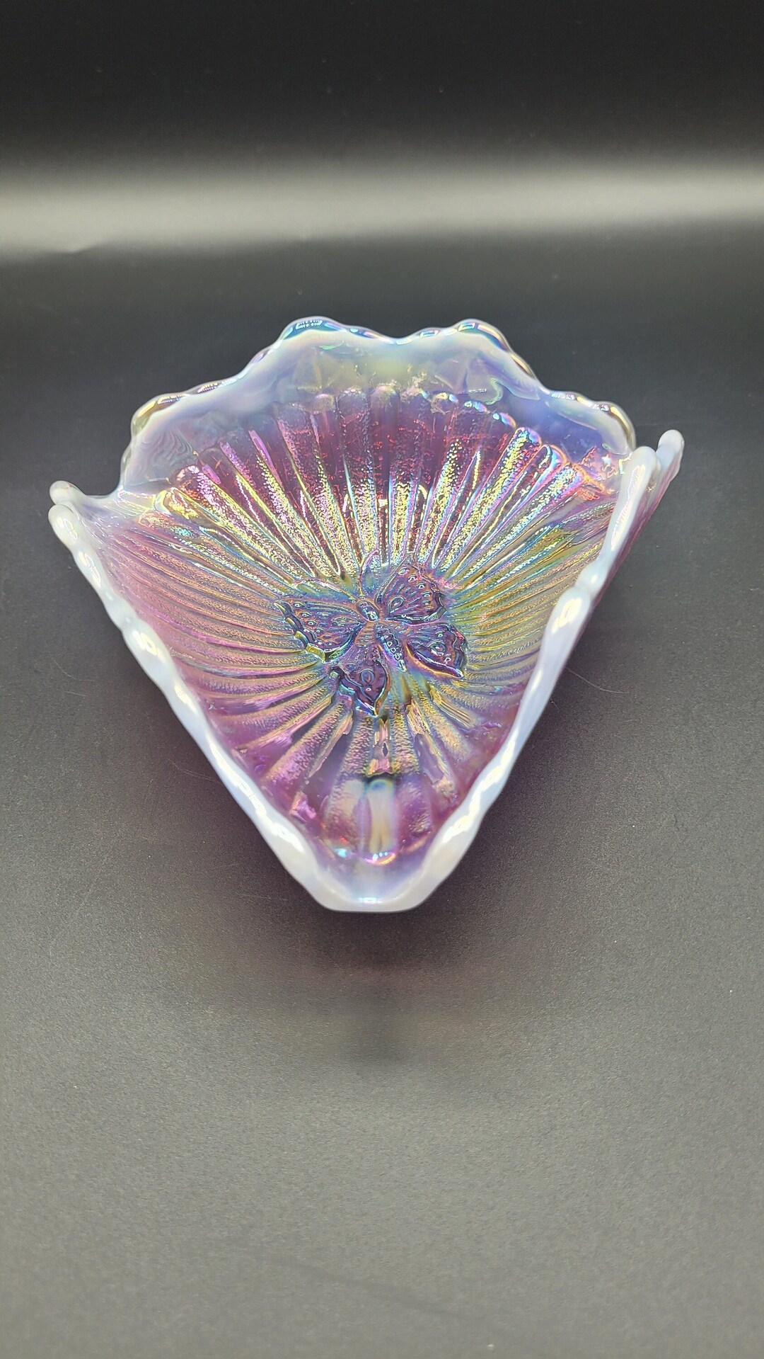 Fenton Plum Opalescent Carnival Glass Trinket Dish Butterfly Leaf Rays ...