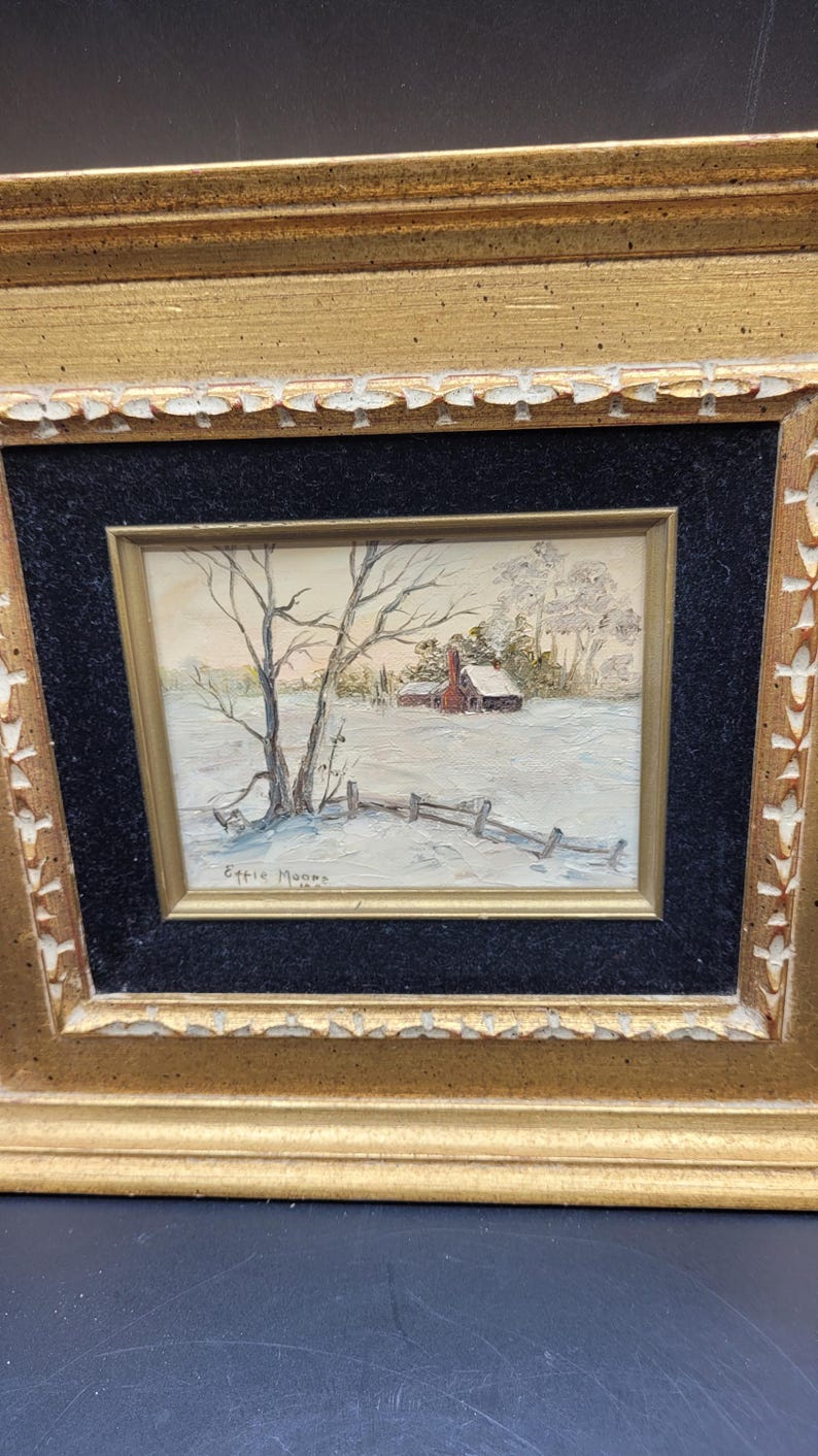 Vintage Wintry Cabin in Woods Scene Oil Painting by Effie Moore Gold Frame Black Velvet Mat Snow ...