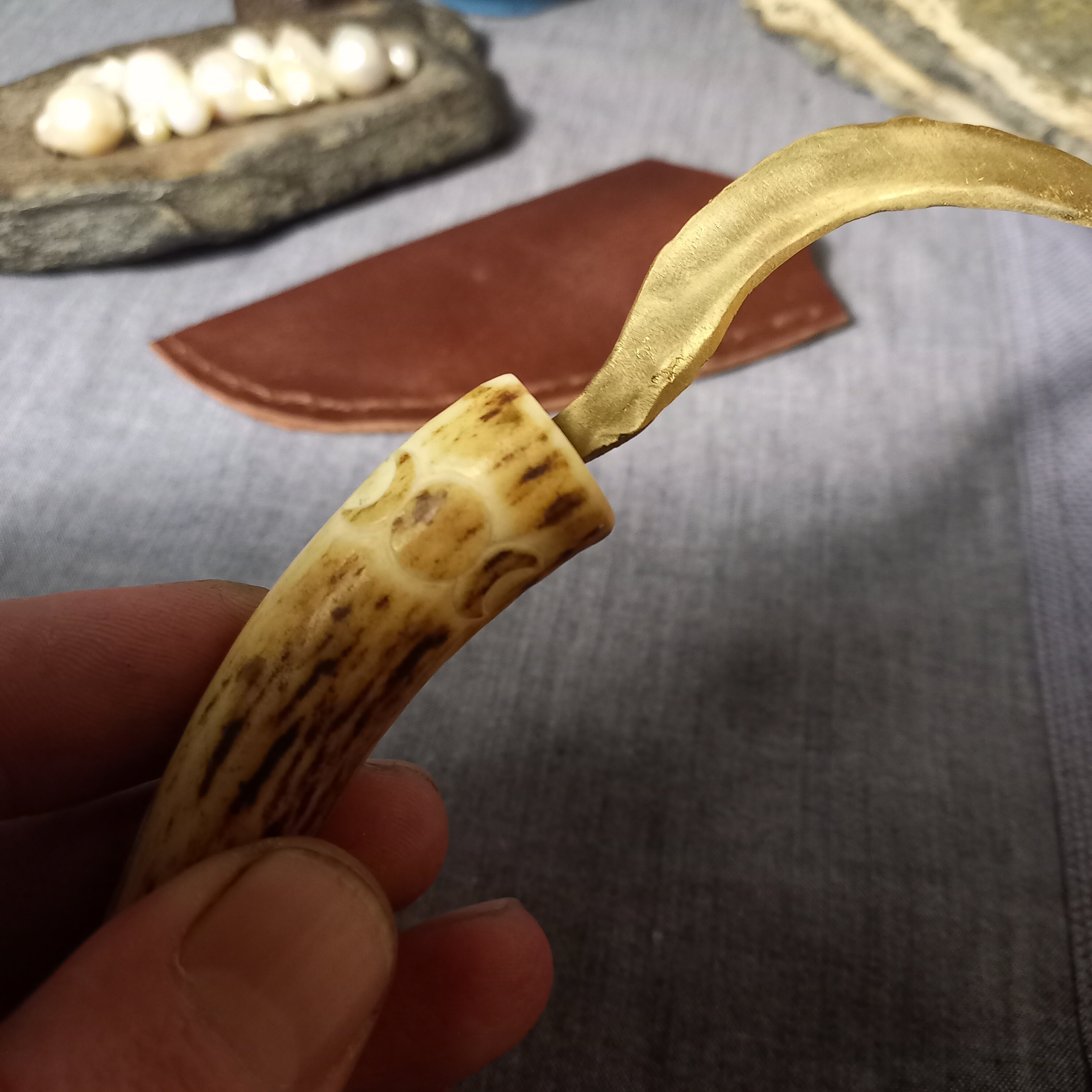 Bronze Herbal Sickle boline With Antler Handle and Wiccan Symbols ...