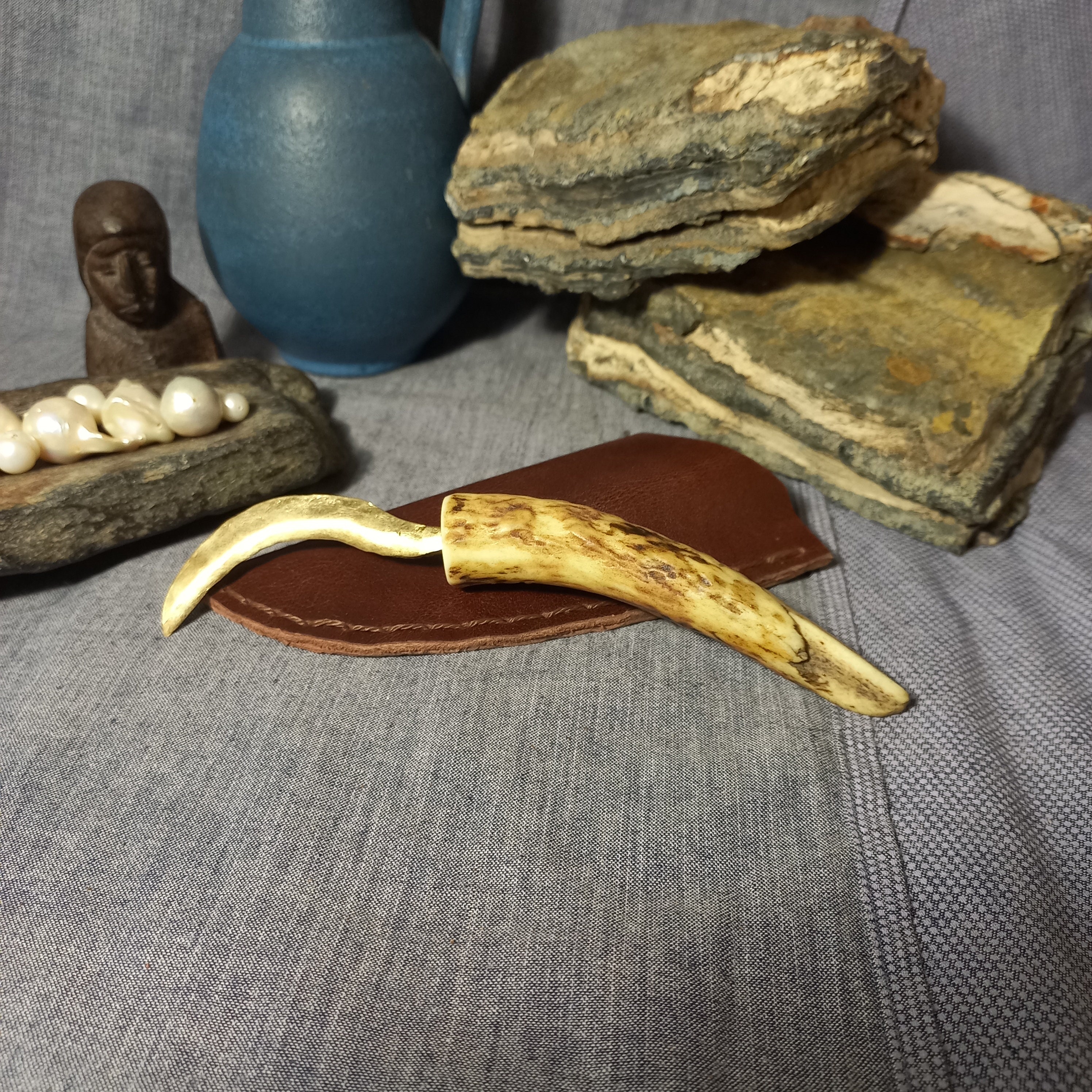 Bronze Herbal Sickle boline With Antler Handle and Wiccan Symbols ...