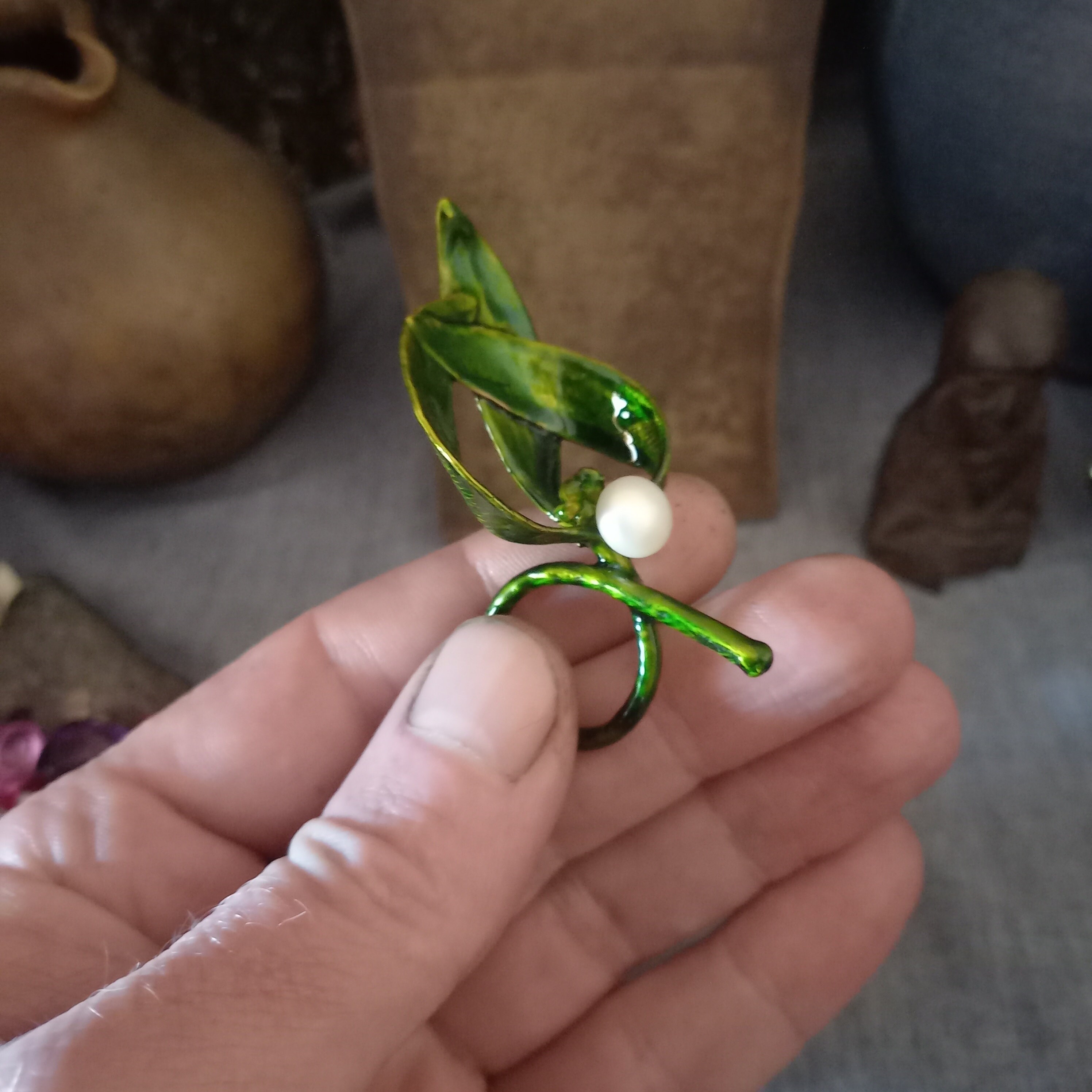 Electroformed Hand-painted Cold Enamel Mistletoe Ring With Pearl 18mm/8 ...