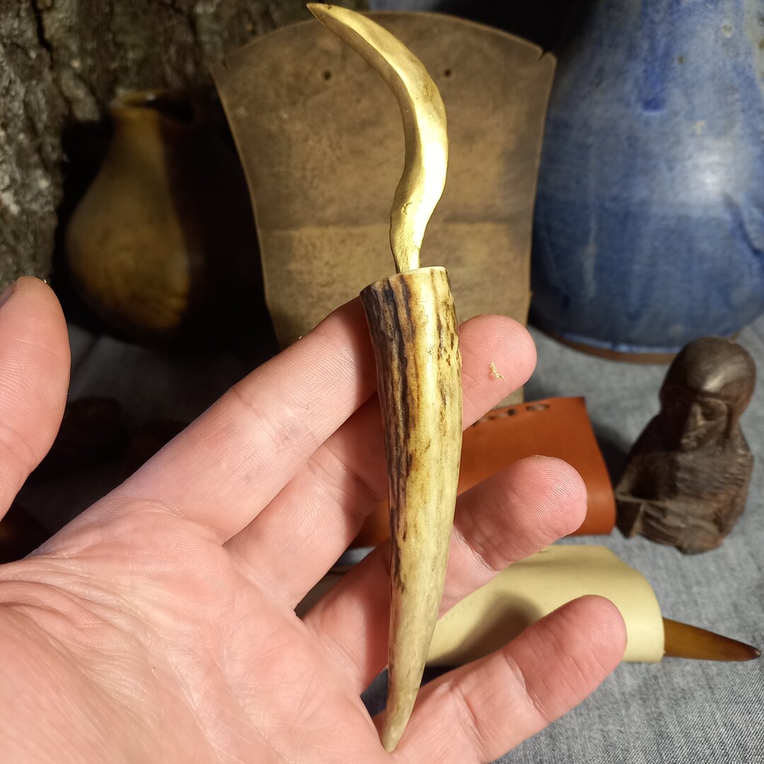 Bronze Herbal Sickle (boline) With Deer Antler Handle. Leather Scabbard ...
