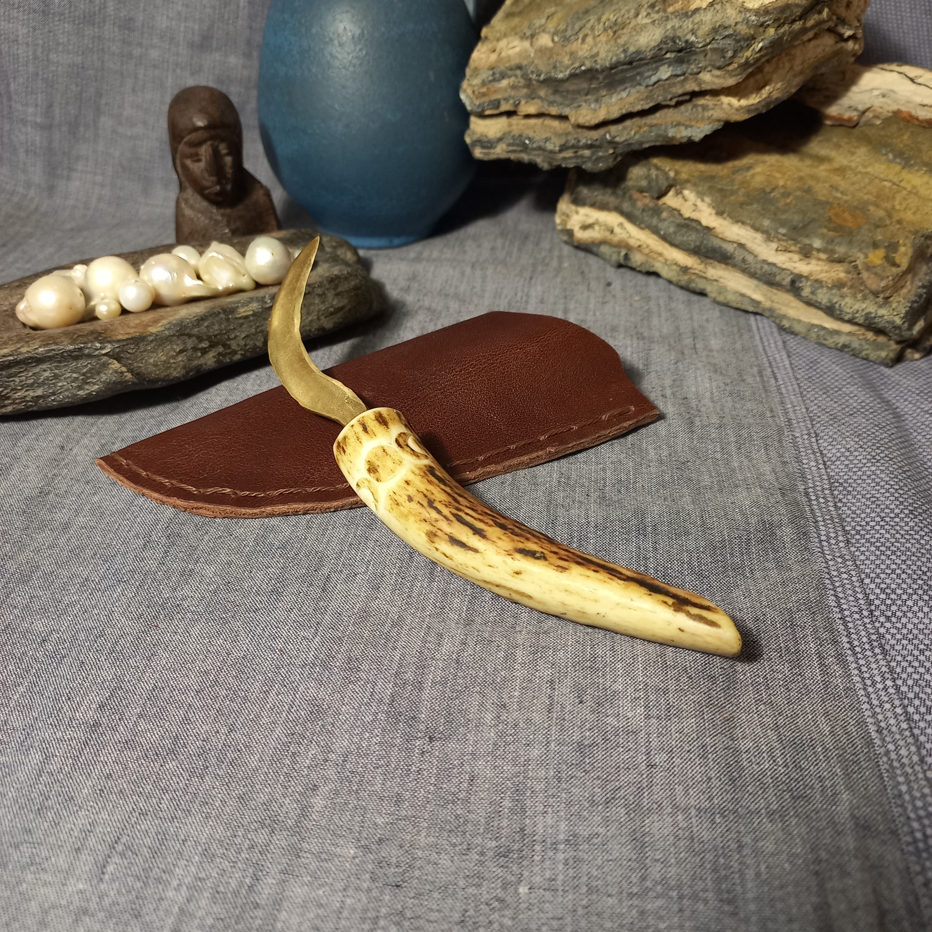 Bronze Herbal Sickle boline With Antler Handle and Wiccan Symbols ...