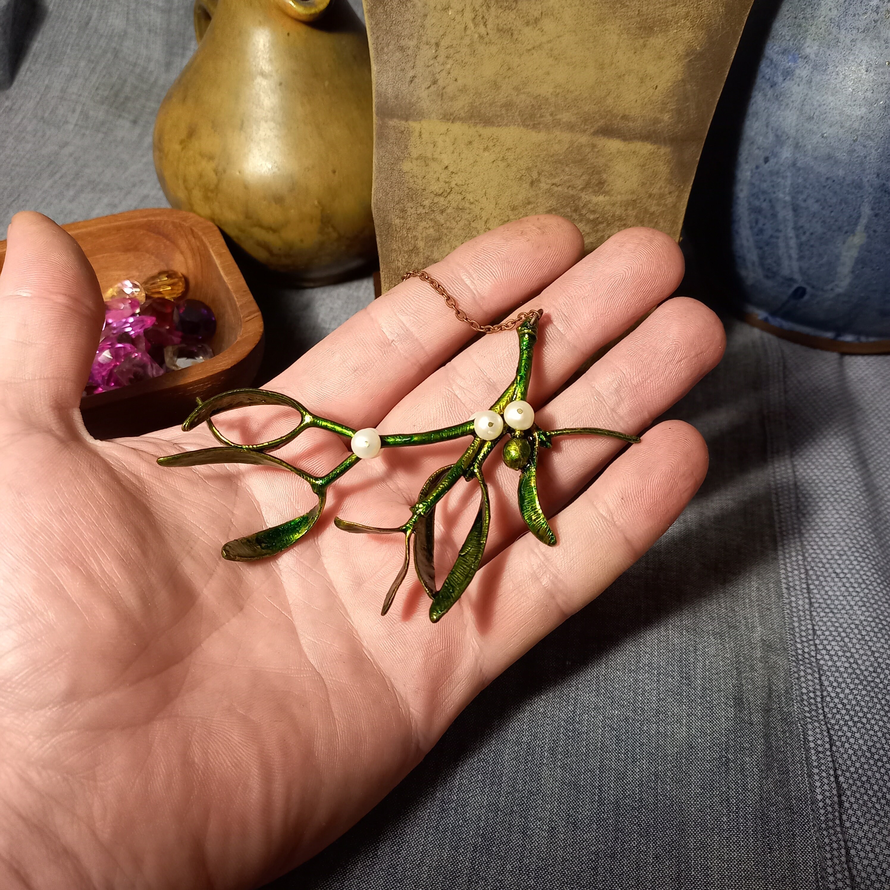 Electroformed Hand-painted Cold Enamel Branch of Mistletoe Covered With ...