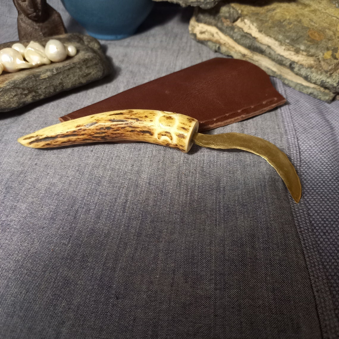 Bronze Herbal Sickle boline With Antler Handle and Wiccan Symbols ...