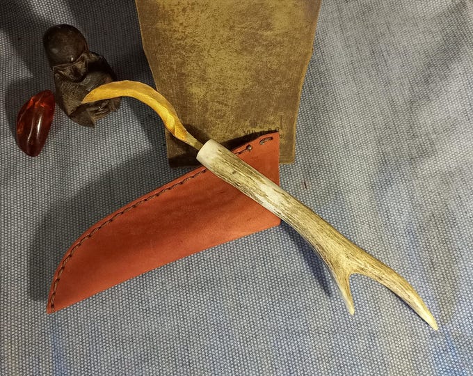 Bronze Herbal Sickle (boline) With Roe Deer Antler Handle. Leather ...