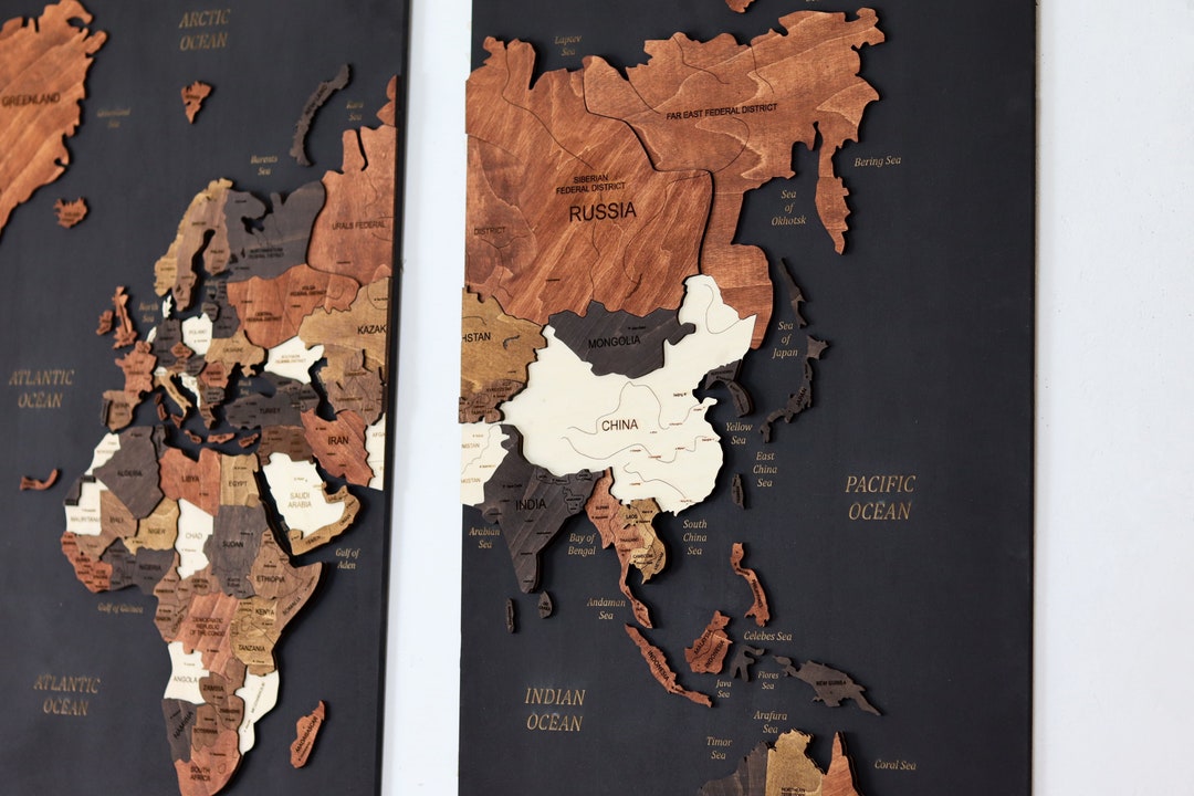 Wood Wall Map Black Back, Modern World Map Couples Gift, Adventure Map ...