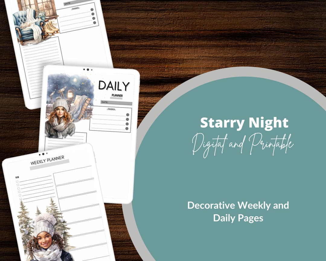 Winter Starry Night Journal Planner, Undated Weekly Daily Pages (PNG ...
