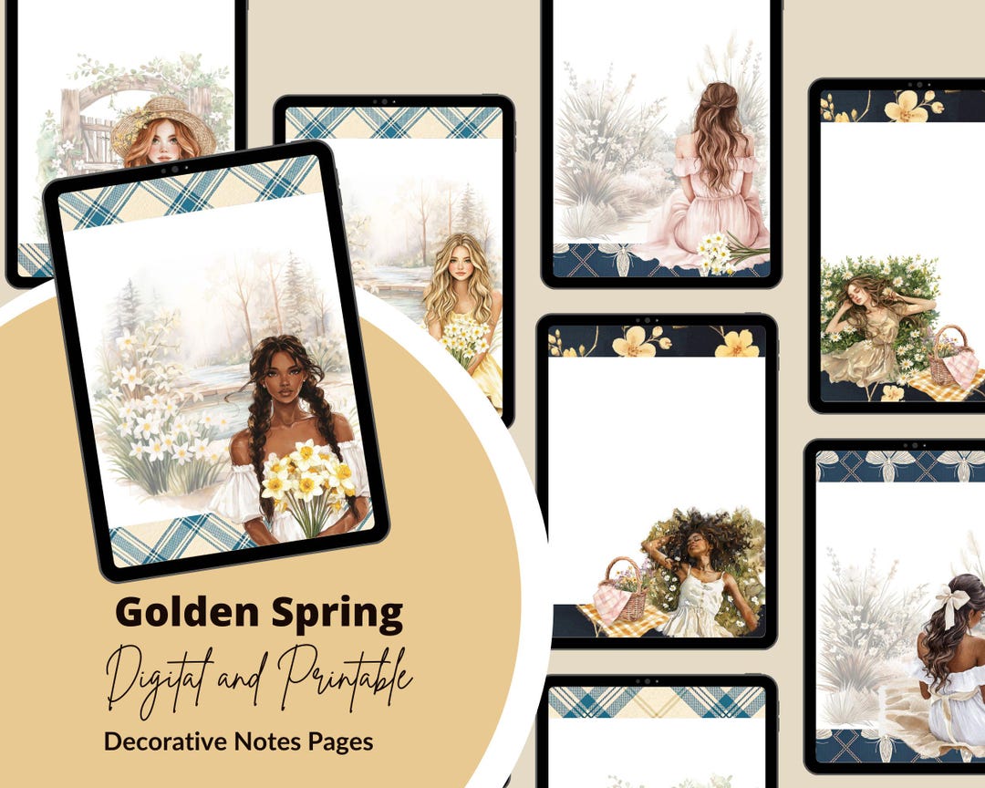 Golden Spring Notes Pages, Digital and Printable Decorative Pages, PNG ...