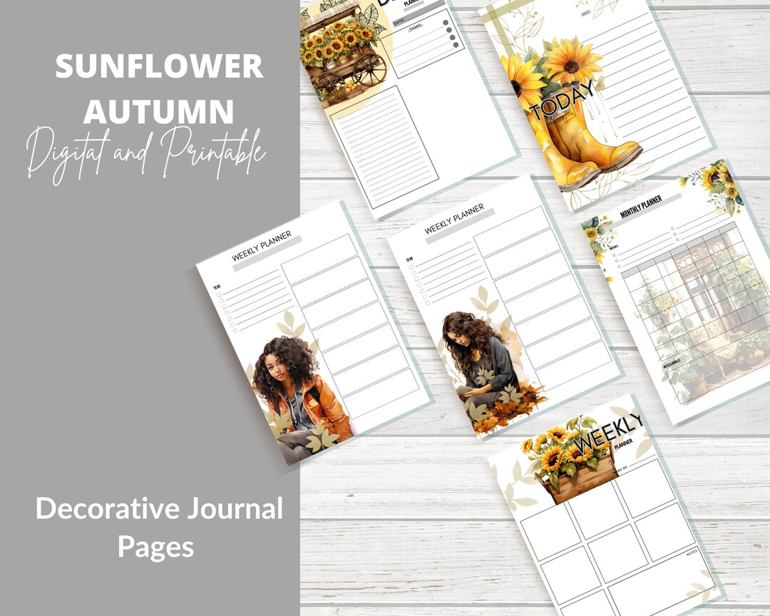 Sunflower Autumn Journal Pages Digital and Printable, Undated Template ...