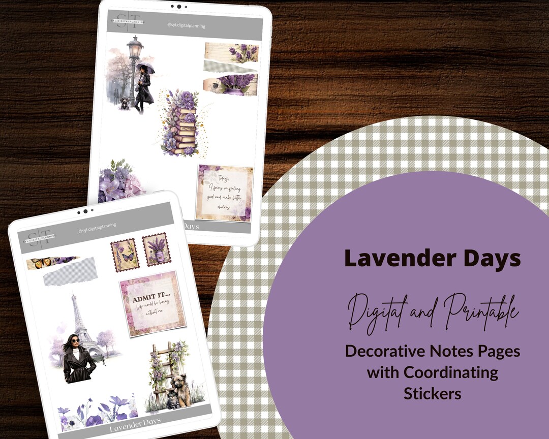 Lavender Days Notes Pages and Coordinating Digital Stickers, Digital ...