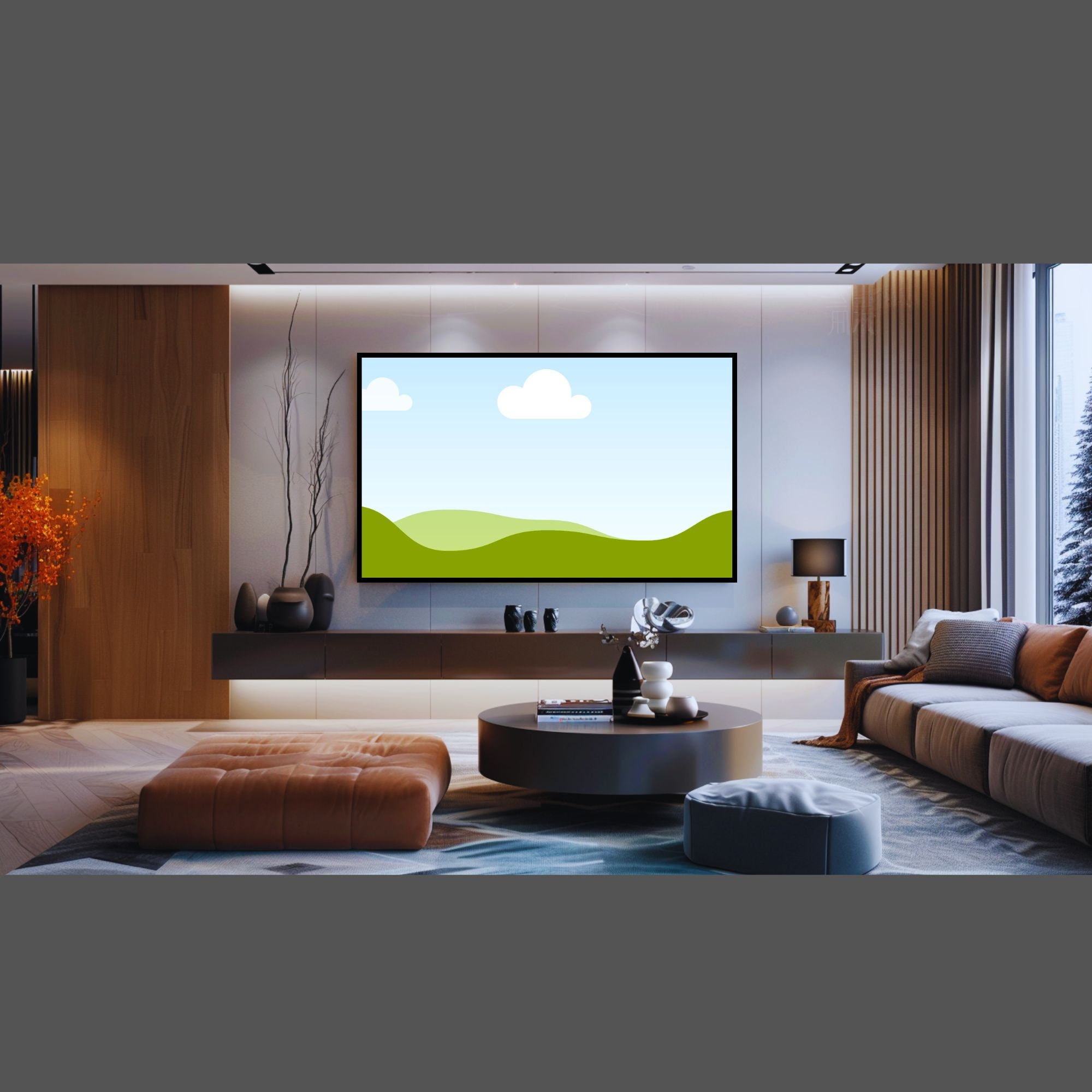 Frame TV Mockup Animated, 16x9 TV Frame Mockup, Modern Living Room ...