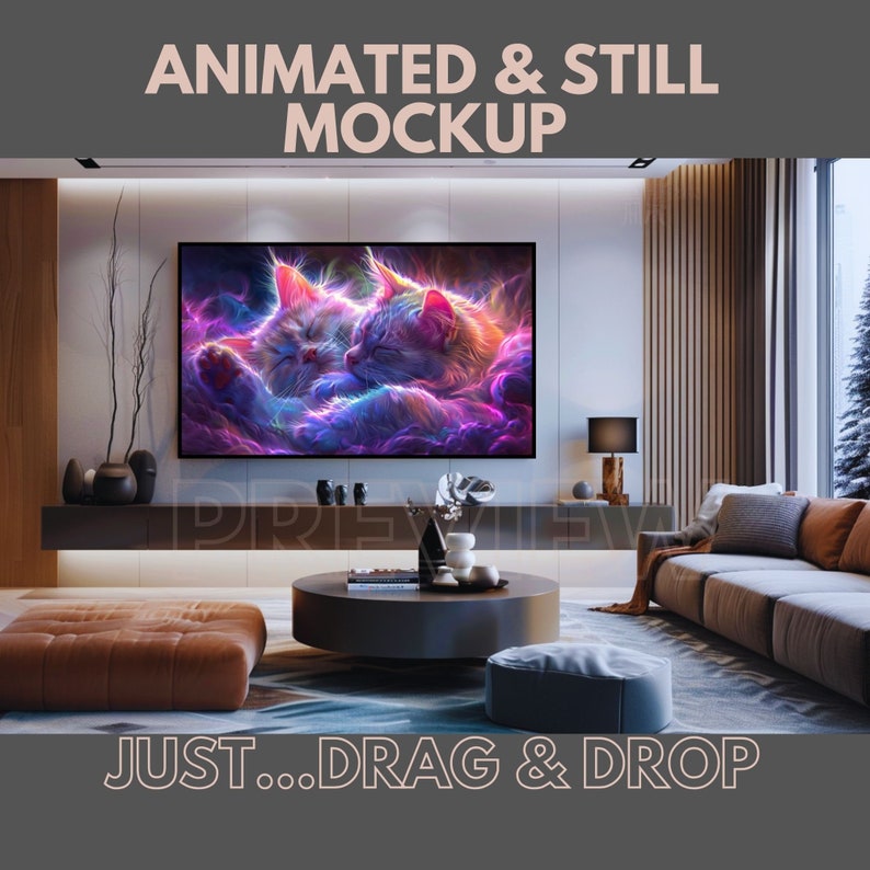Frame TV Mockup Animated, 16x9 TV Frame Mockup, Modern Living Room ...