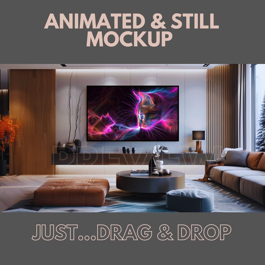 Frame TV Mockup Animated, 16x9 TV Frame Mockup, Modern Living Room ...