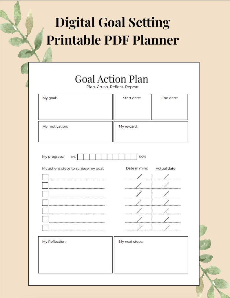 Goal Action Plan | One-page Planner Printable | Productivity Template ...