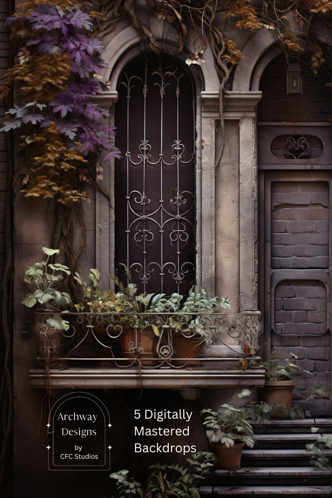 6 Digital Backdrops. Masonry With Ornamental Leaves, Professional ...