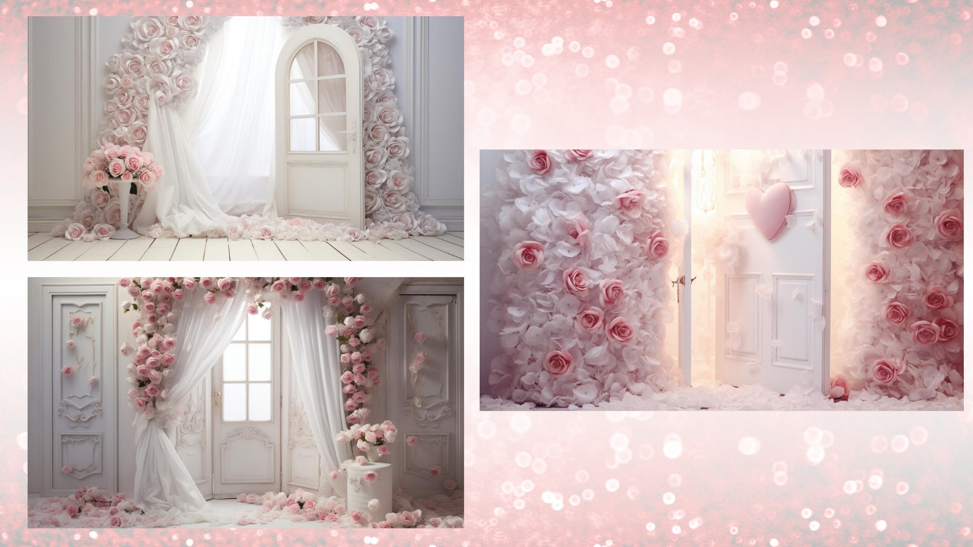 14 Digital Backdrops, Pink Roses in Various Settings, Weddings ...