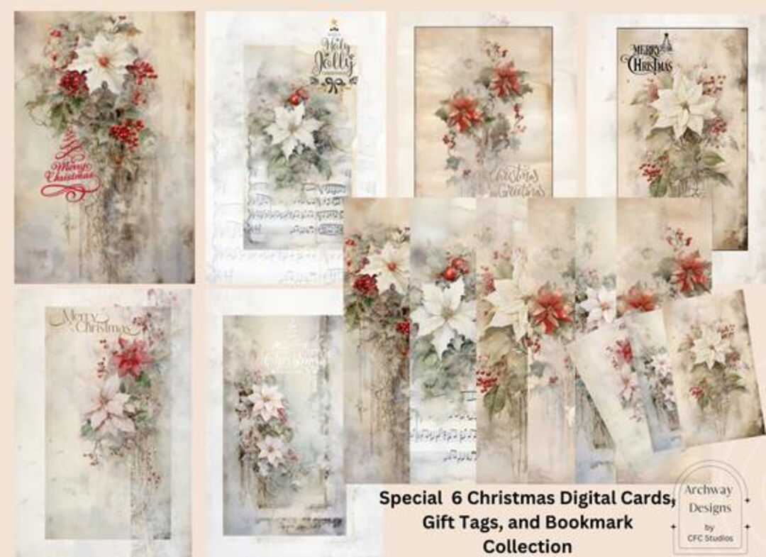Bundle of 6 Christmas Digital Poinsettia Cards, Gift Tags and Bookmarks ...