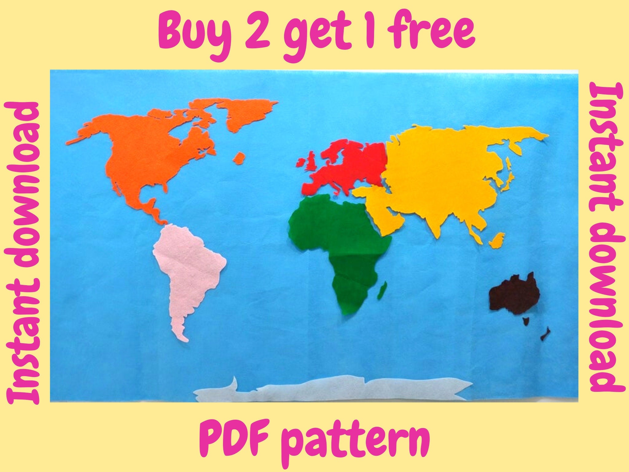Felt World Map Pdf Pattern /pattern for Continents of the World / DIY ...