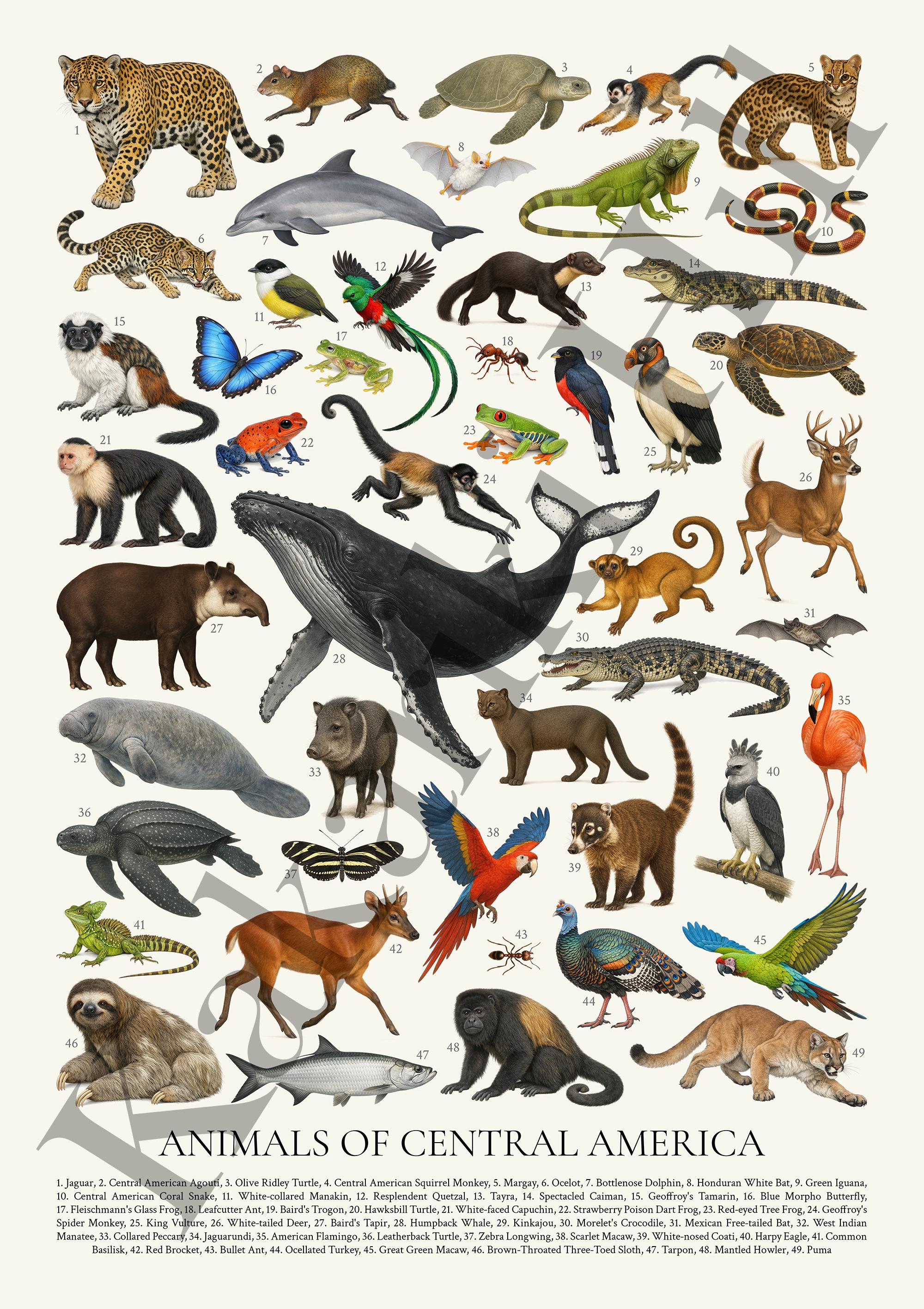 Animals of Central America Poster: Educational Animal Identification ...