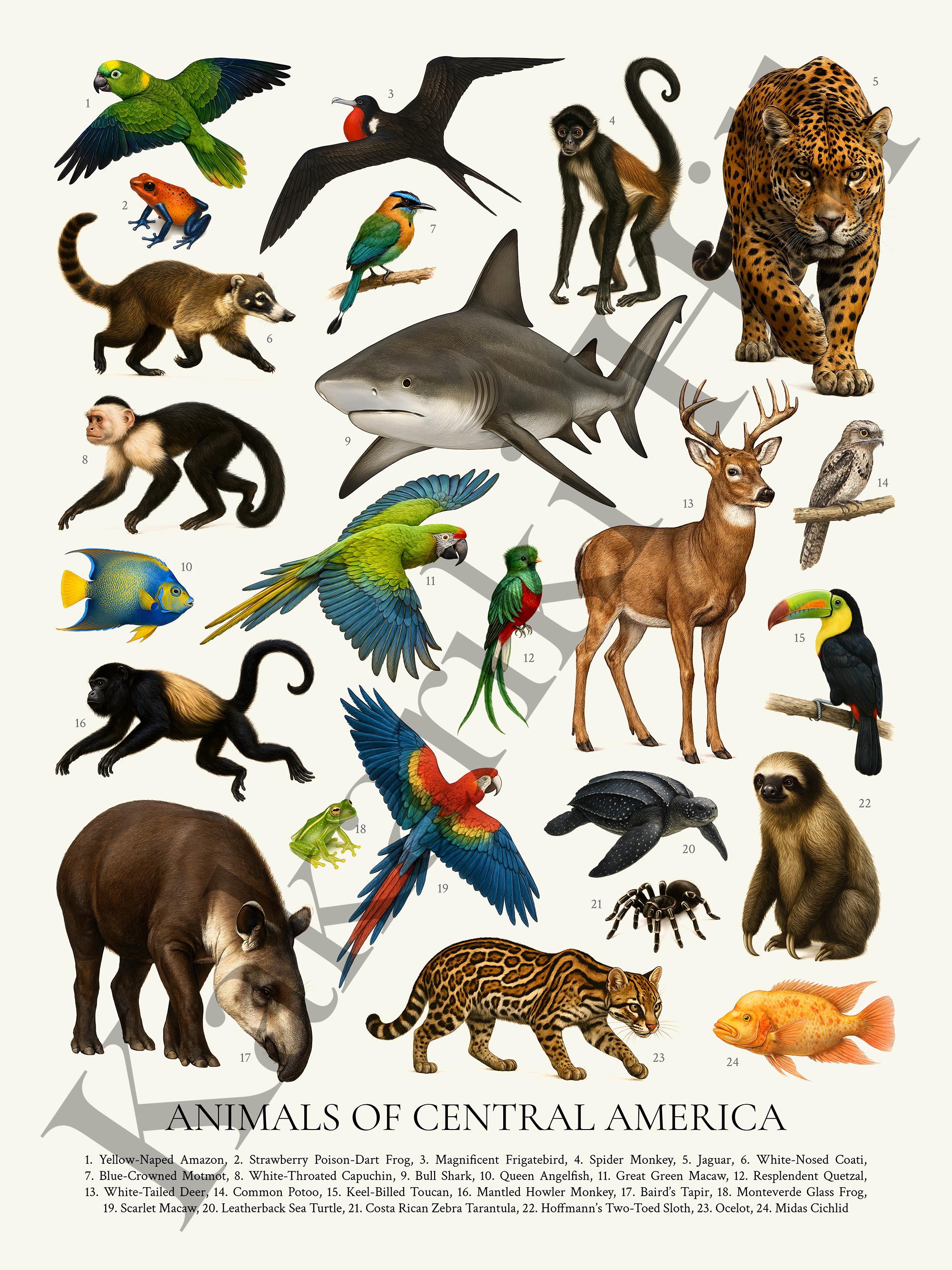 Animals of Central America Poster: Educational Animal Wildlife Art ...