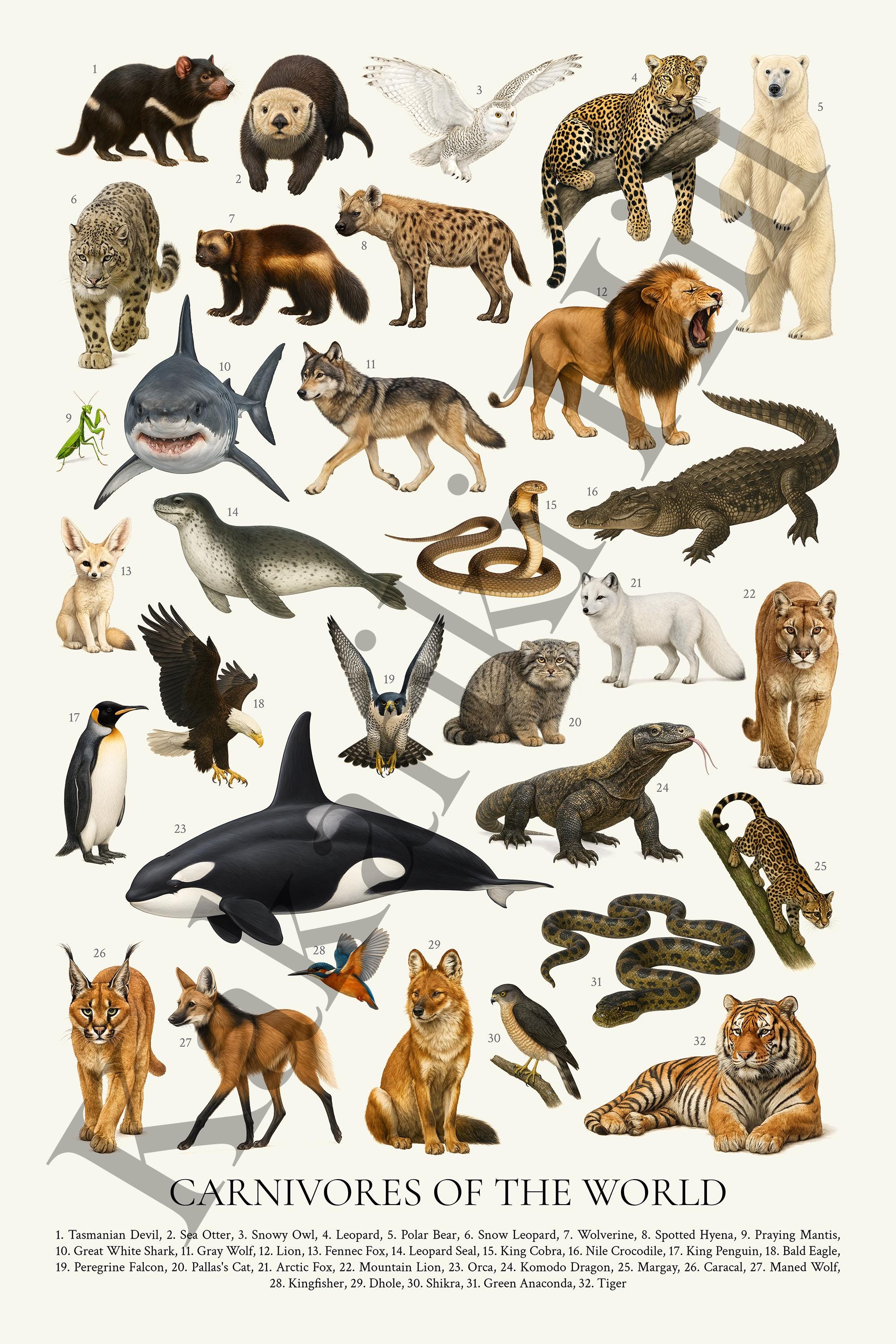 Carnivores of the World Poster: Retro Animal Illustration Chart ...