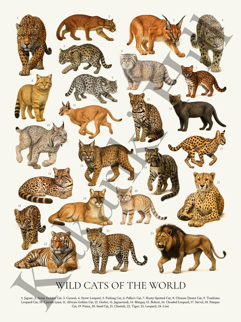 Wild Cats Poster Digital Download: Retro Animal Illustration Chart - Etsy