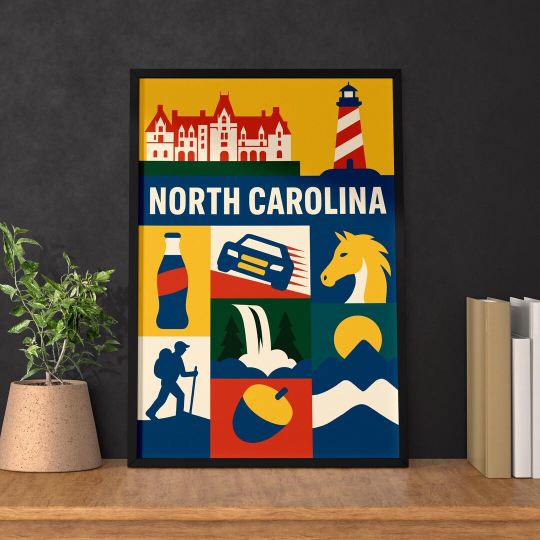 North Carolina State Poster. Retro Style Collage Travel Art Print ...