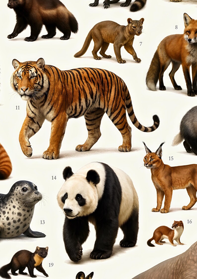Animals of the Order Carnivora: Retro Native Animal Illustration Chart ...