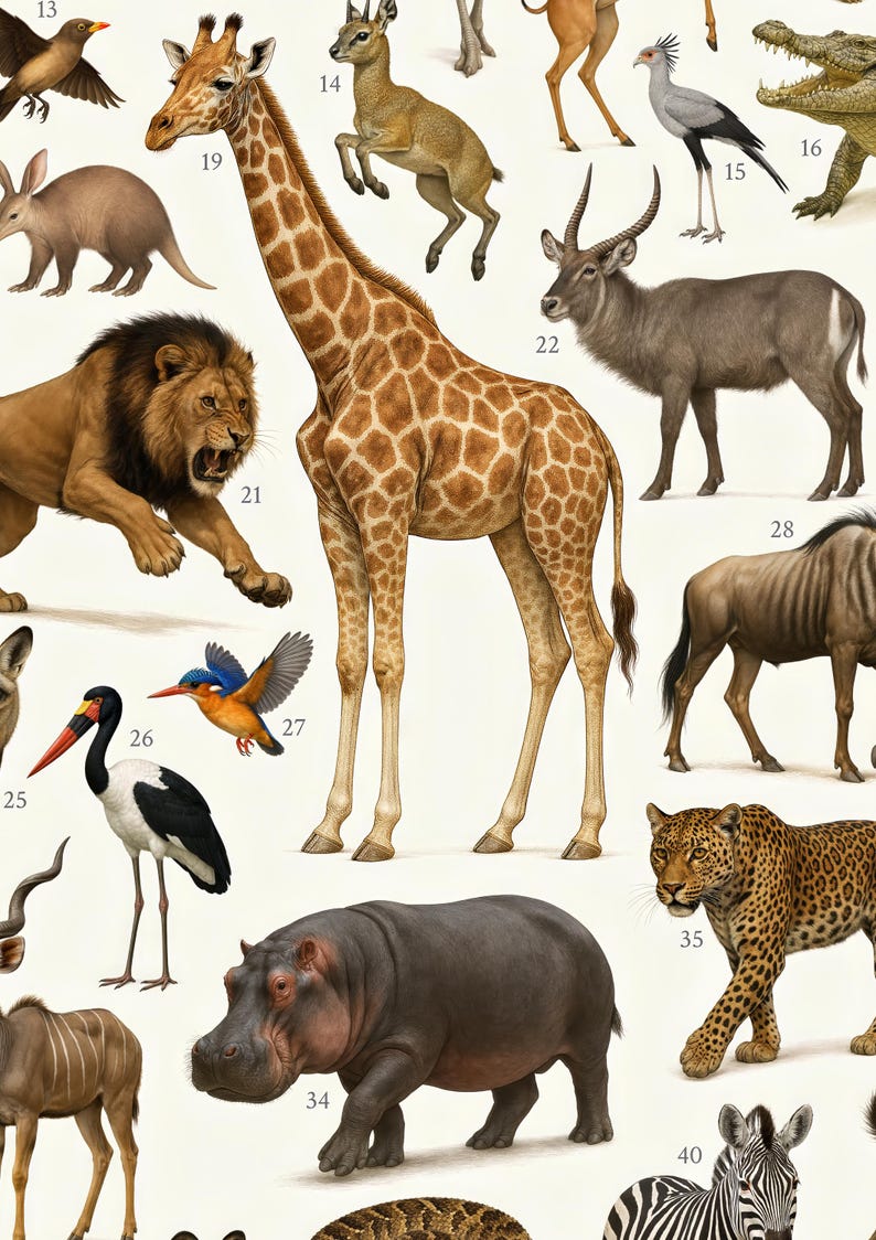 Animals of the African Savanna Poster: Retro Identification Chart - Etsy