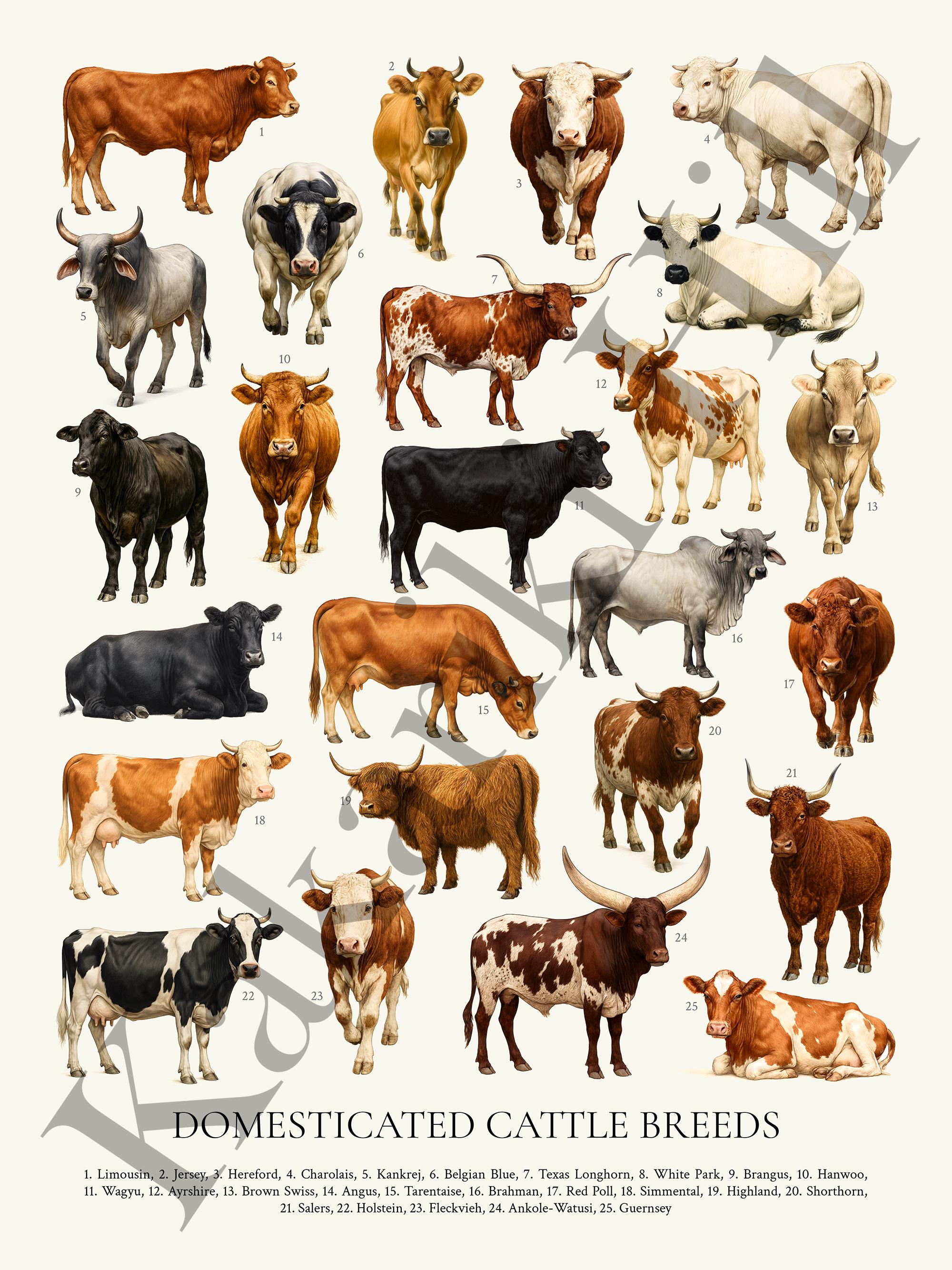 Domesticated Cattle Breeds Poster in English or Français: Retro Style ...