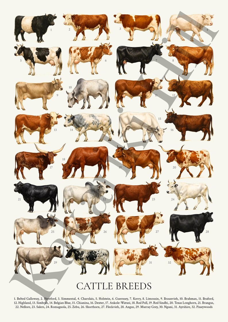 Cattle Breeds Poster Digital Download: Retro Animal Illustration Chart - Etsy