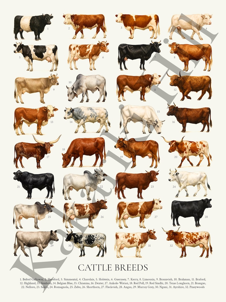 Cattle Breeds Poster Digital Download: Retro Animal Illustration Chart ...