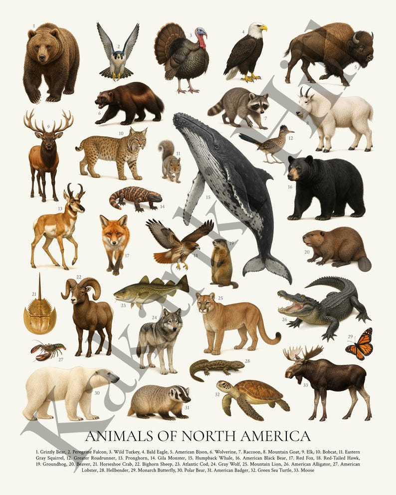 Animals of North America Wildlife Poster: Retro Animal Identification ...