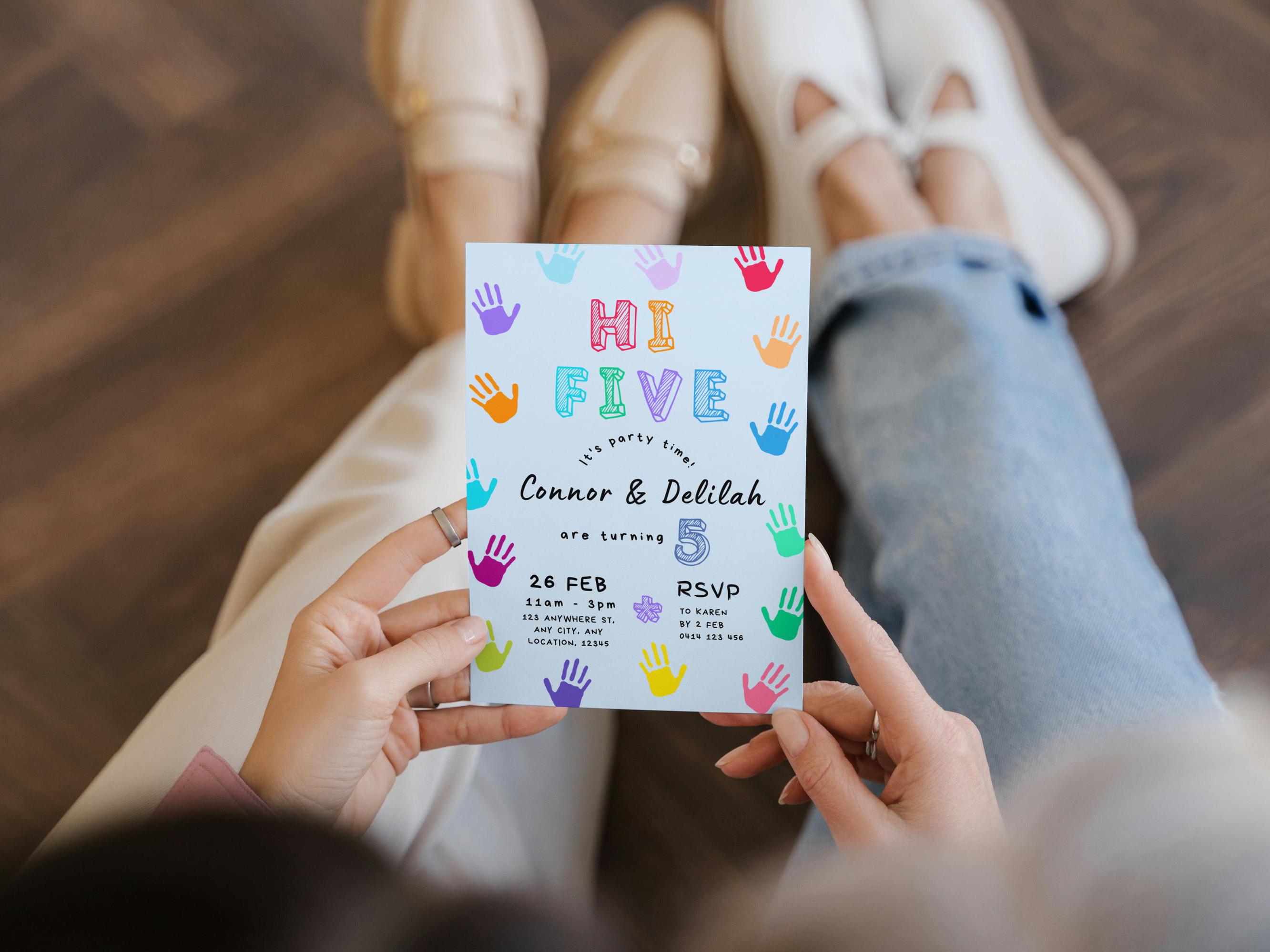 Hi Five Birthday Invite, Printable Hi 5 Invite, Twins High Five ...