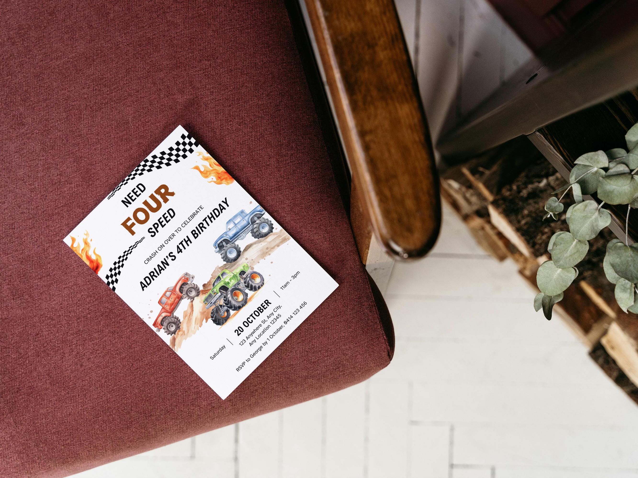 Monster Truck Birthday Invite, Monster Truck Need Four Speed Invitation ...