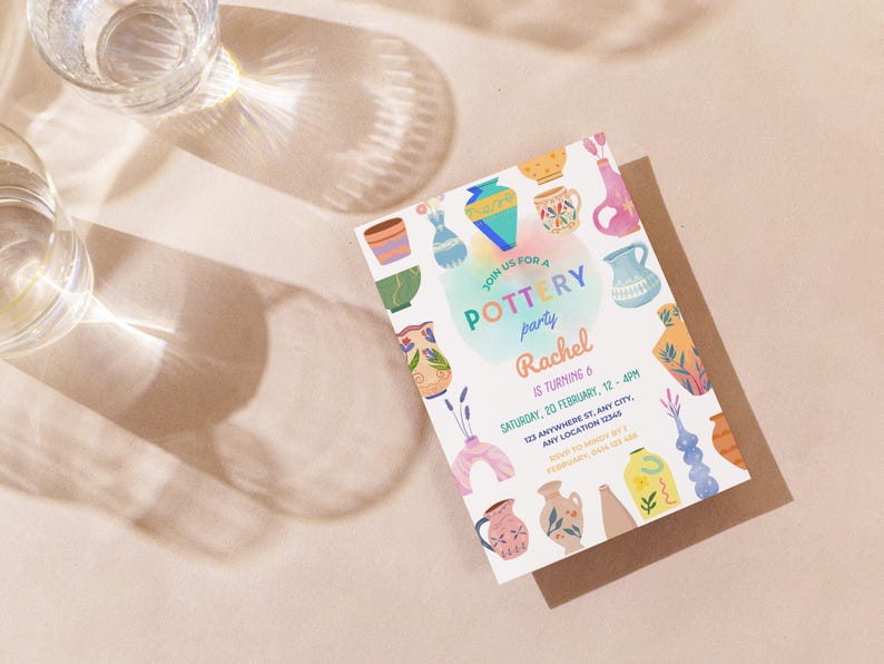 Pottery Painting Birthday Invitation, Art Party Invite, Rainbow Paint ...